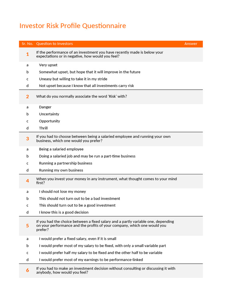 Risk Profile Questionnaire | PDF | Investing | Risk