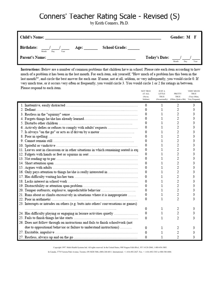Conner's Rating Scale - Teacher | PDF | Cognition | Human Development