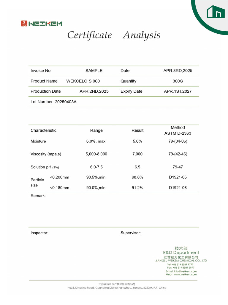 WEKCELO S 060 Certificate of Analysis | PDF