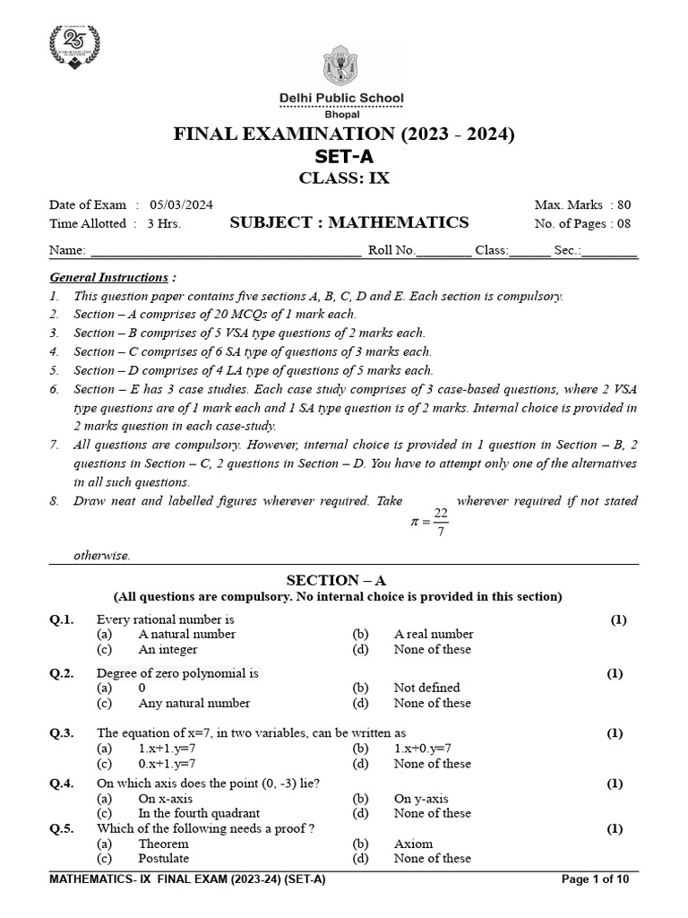 Math - Ix Final Exam (2023-24) (Set-A) | PDF | Circle | Rectangle