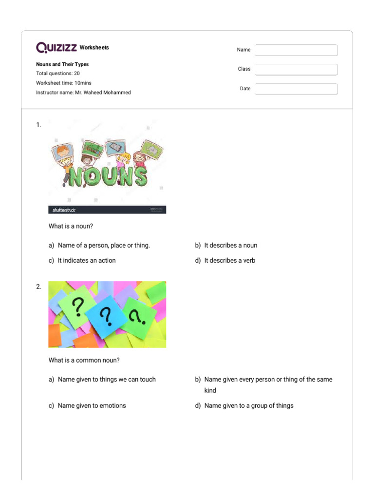 Nouns and Their Types - Quizizz | PDF | Noun | Language Mechanics