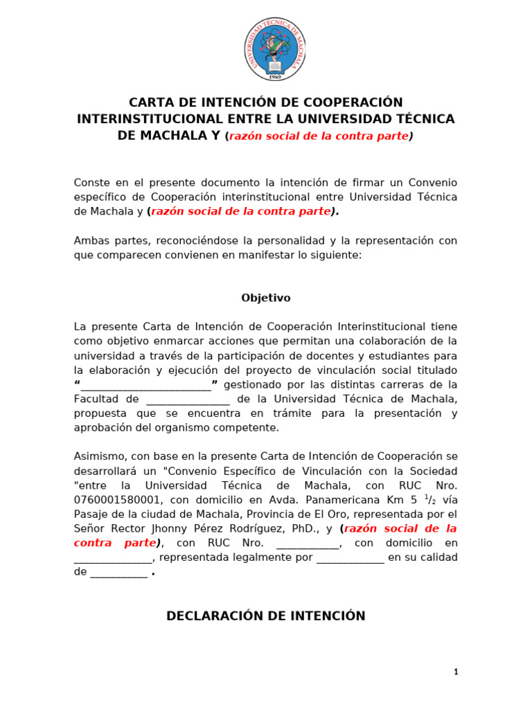 Formato Carta De Intención De Cooperación Interinstitucional Para