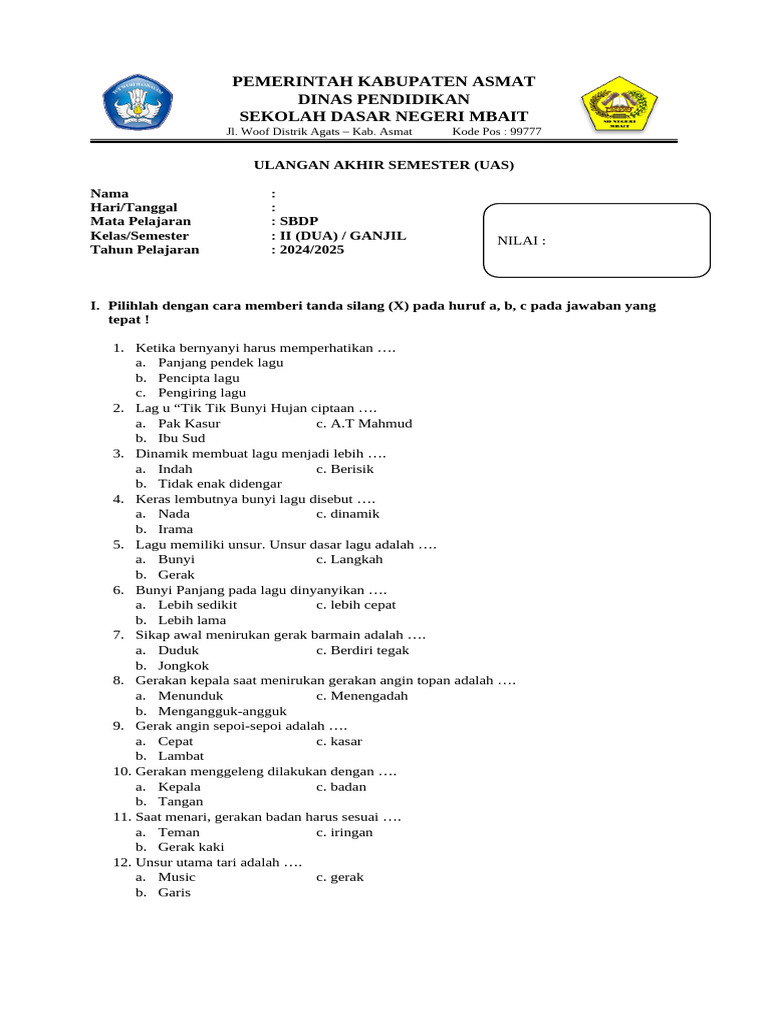 SOAL SBDP KELAS 2B | PDF