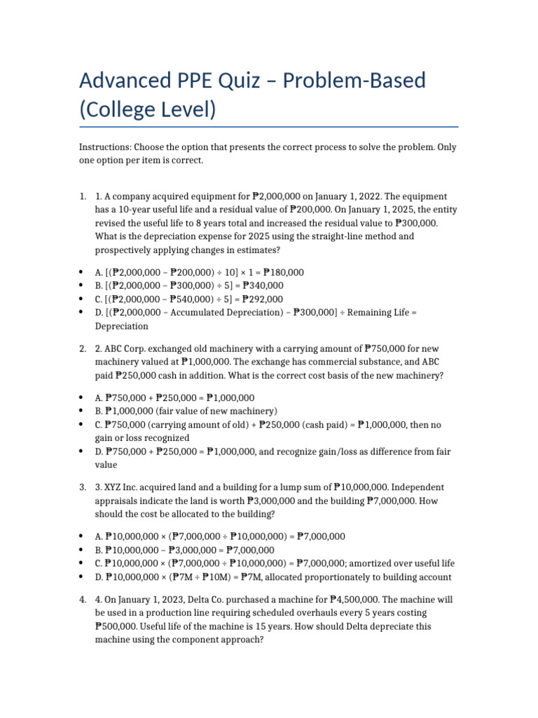 Advanced PPE Quiz With Answer Key | PDF | Depreciation | Investing