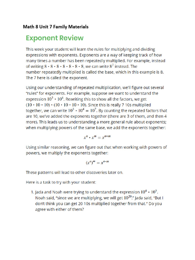 Math 8 Unit 7 Family Resources | PDF
