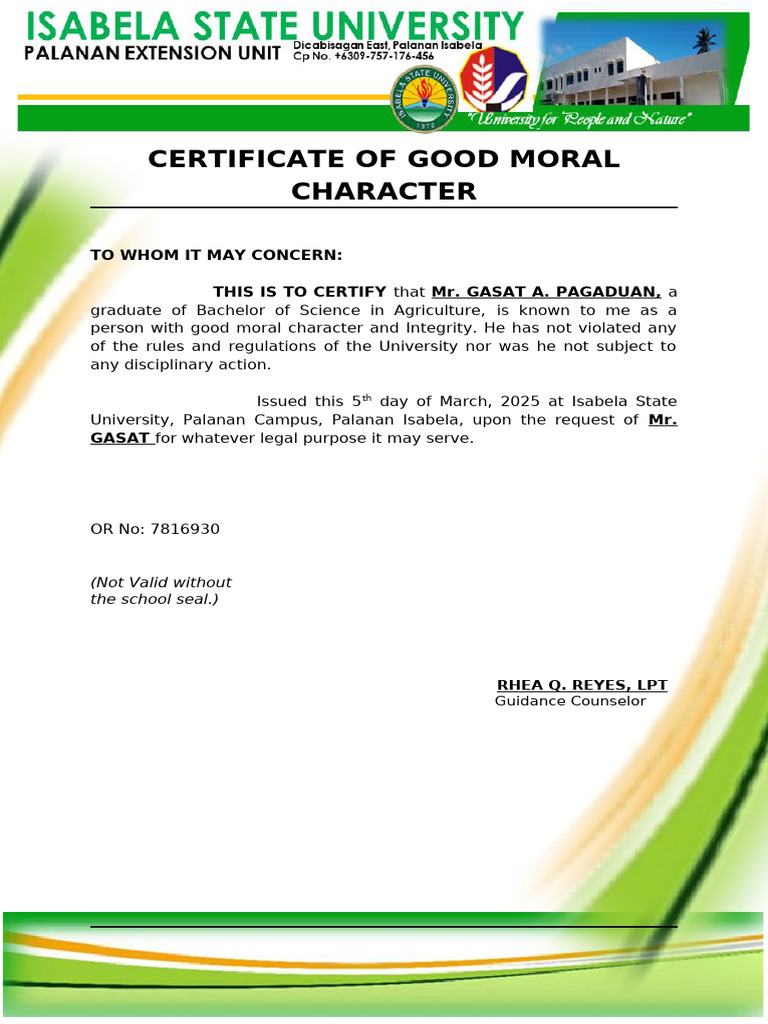Certificate of Good Moral Character | PDF