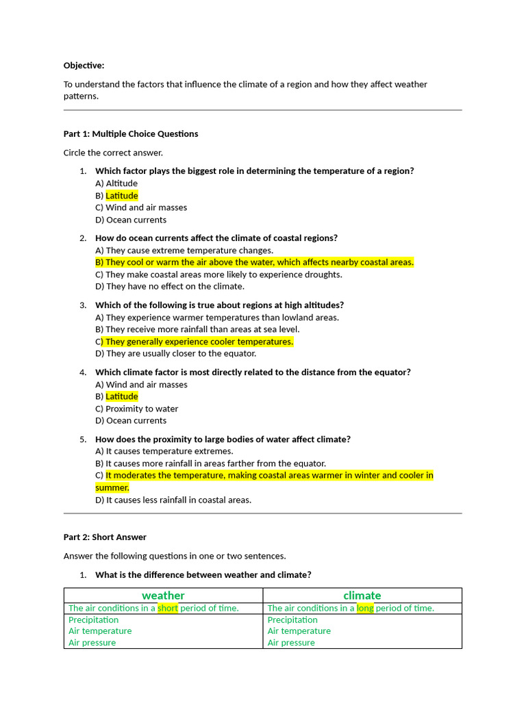 Climate Factors Worksheet 2 | PDF | Climate | Weather