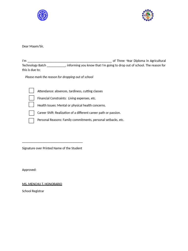 Student Dropout Notification Template | PDF