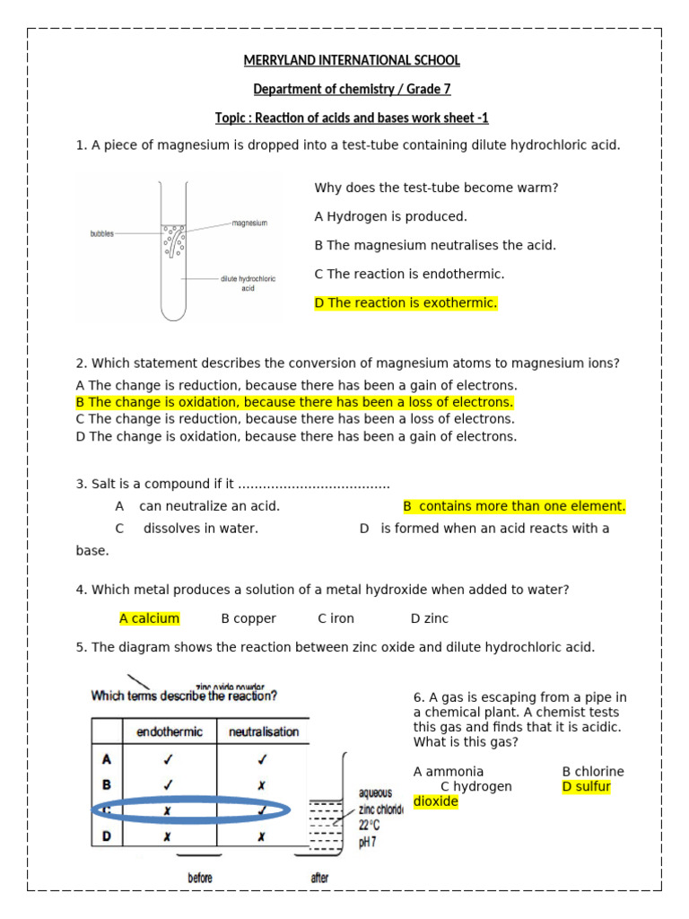 Reaction of Acids and Bases Work Sheet - 1 | PDF | Acid | Magnesium