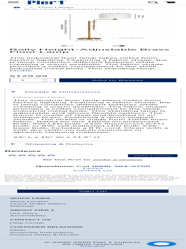 Rolly Height-Adjustable Brass Floor Lamp - Pier1 Imports | PDF