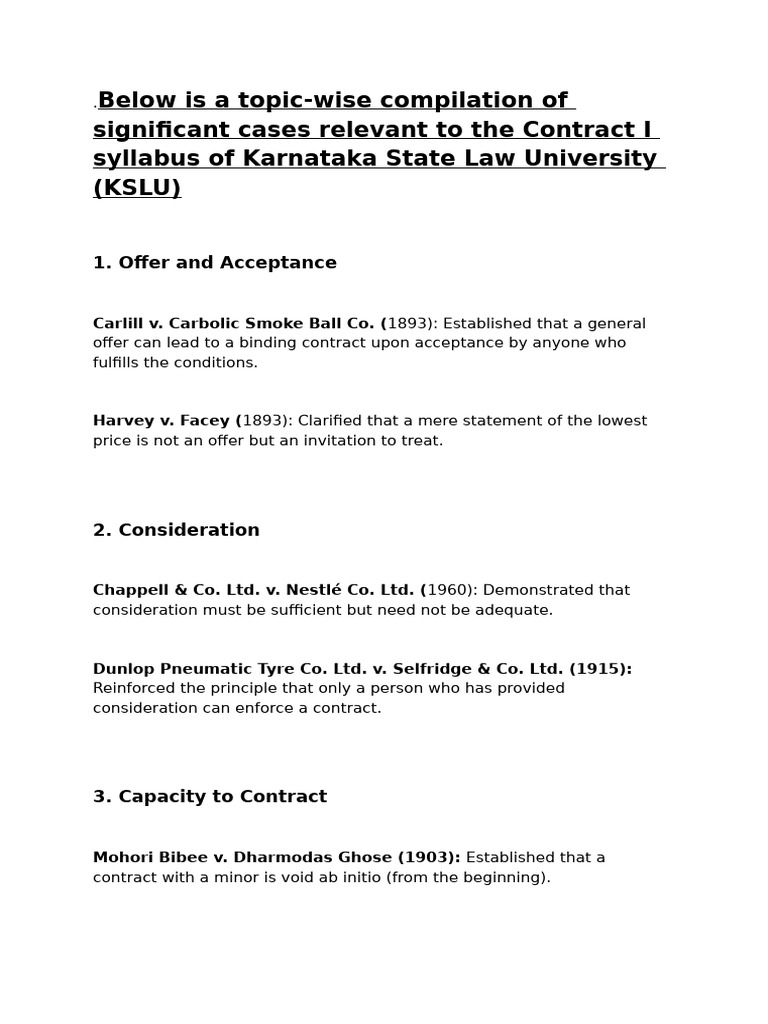 Key Contract Law Cases Overview | PDF