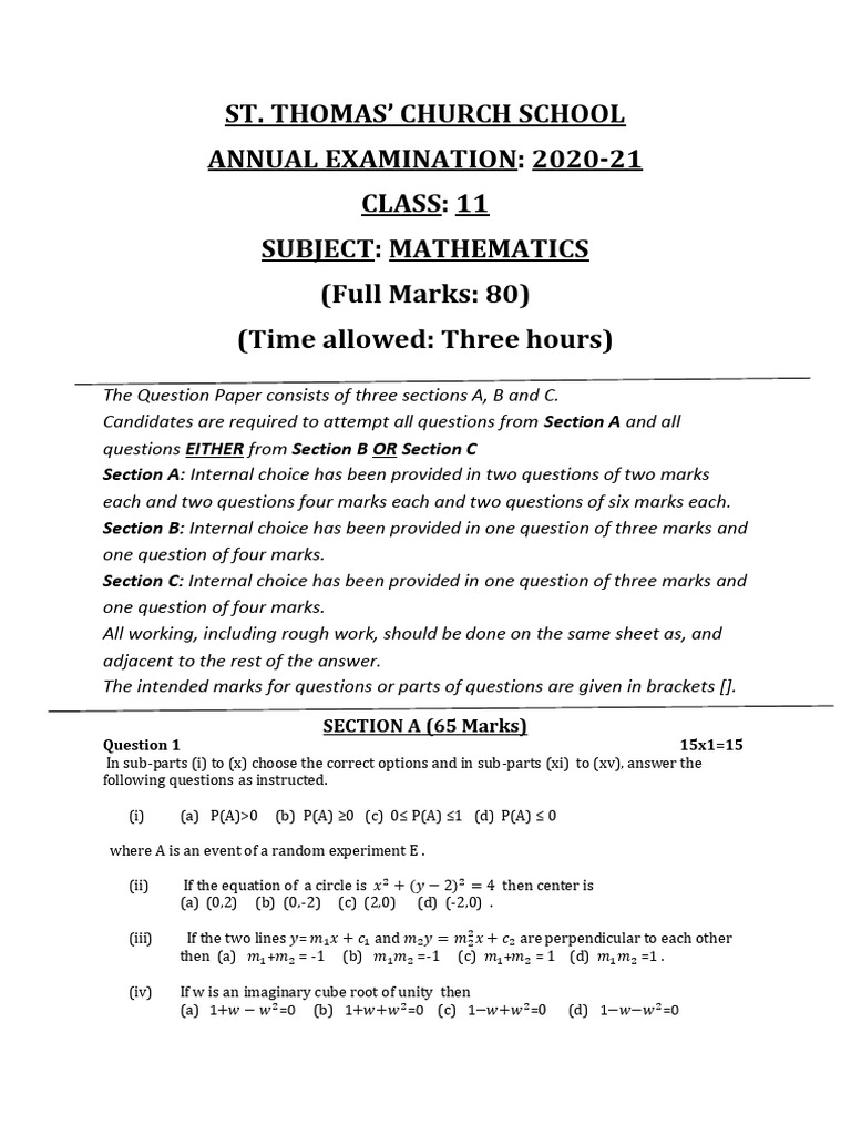 Annual Question Paper - Mathematics (Class 11) - 2020-21 . | PDF ...