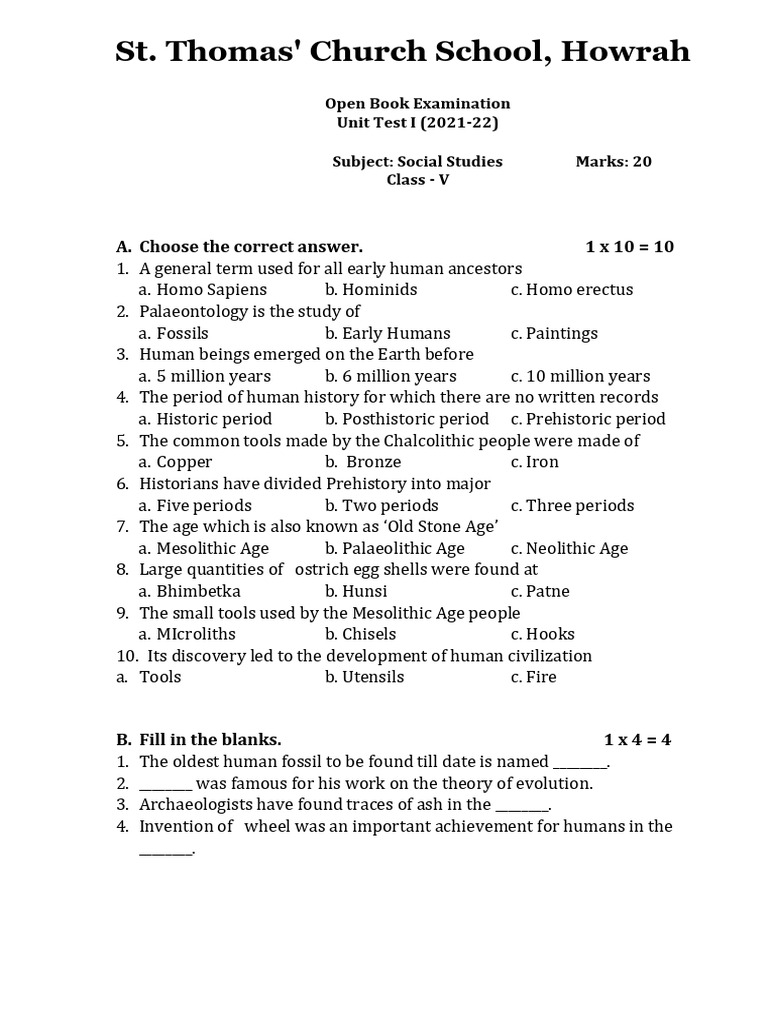 HY Unit Test 1 - Class 5 - SST 2021-22 | PDF