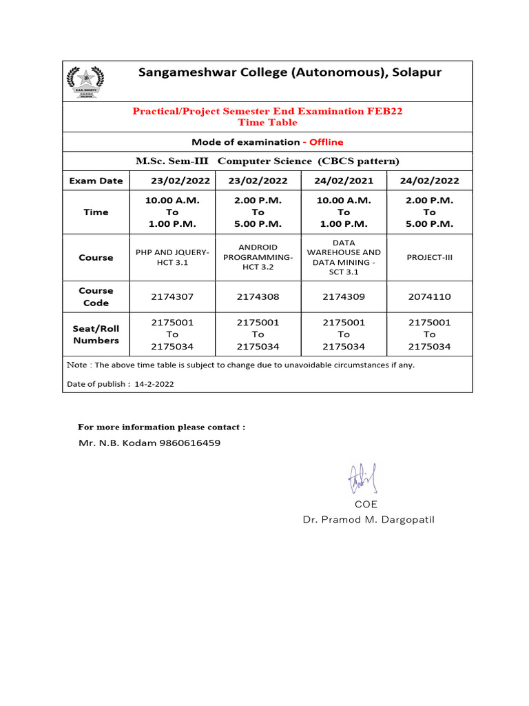 Practical TimeTable M.Sc. Sem III FEB22 | PDF