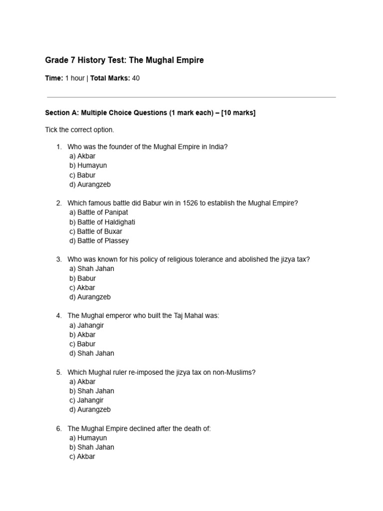 Grade 7 History Test - The Mughal Empire | PDF | Mughal Empire