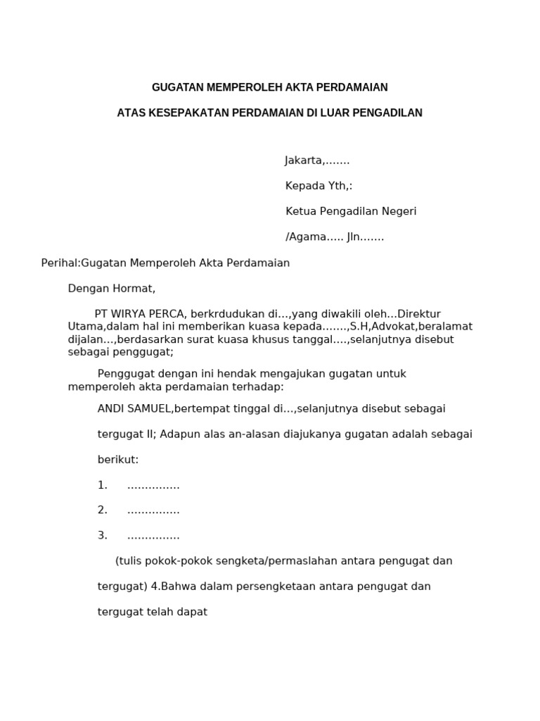 Gugatan Memperoleh Akta Perdamaian Di Luar Pengadilan | PDF