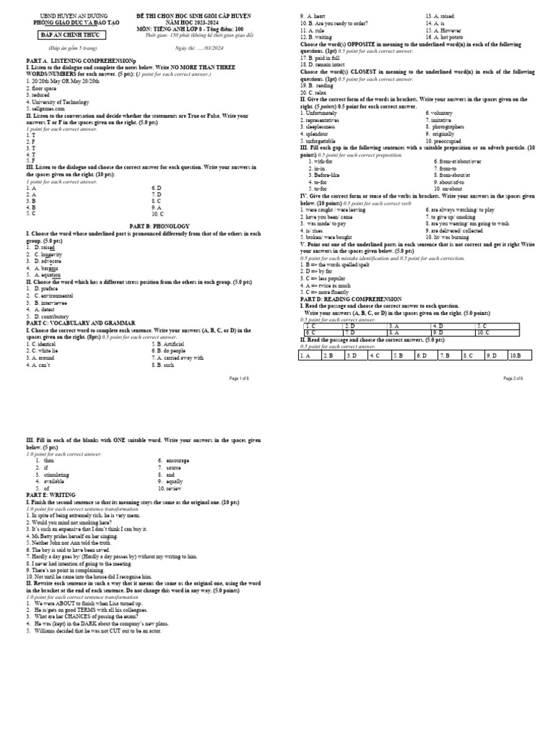 HSG8 huyện An Dương 2023-2024 - Ans | PDF | Semantic Units | Linguistics
