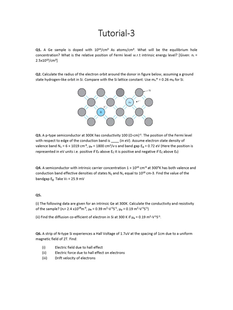 Semiconductor Physics Tutorial Questions | PDF