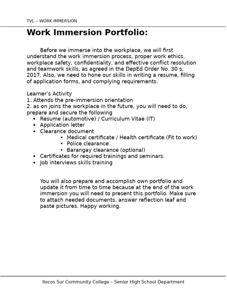 TVL Work Immersion Guide and Activities | PDF | Job Interview | Learning