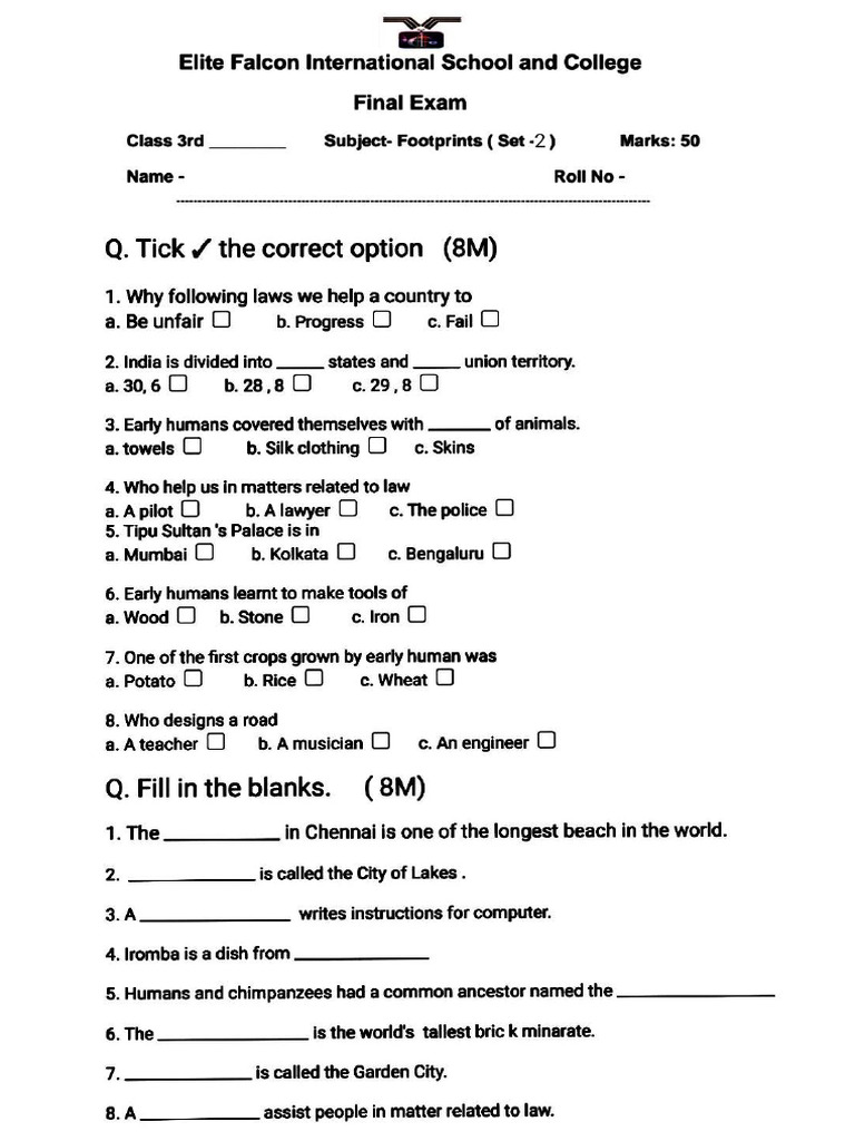 Footprints - 3 STD Practice Set - 2 | PDF
