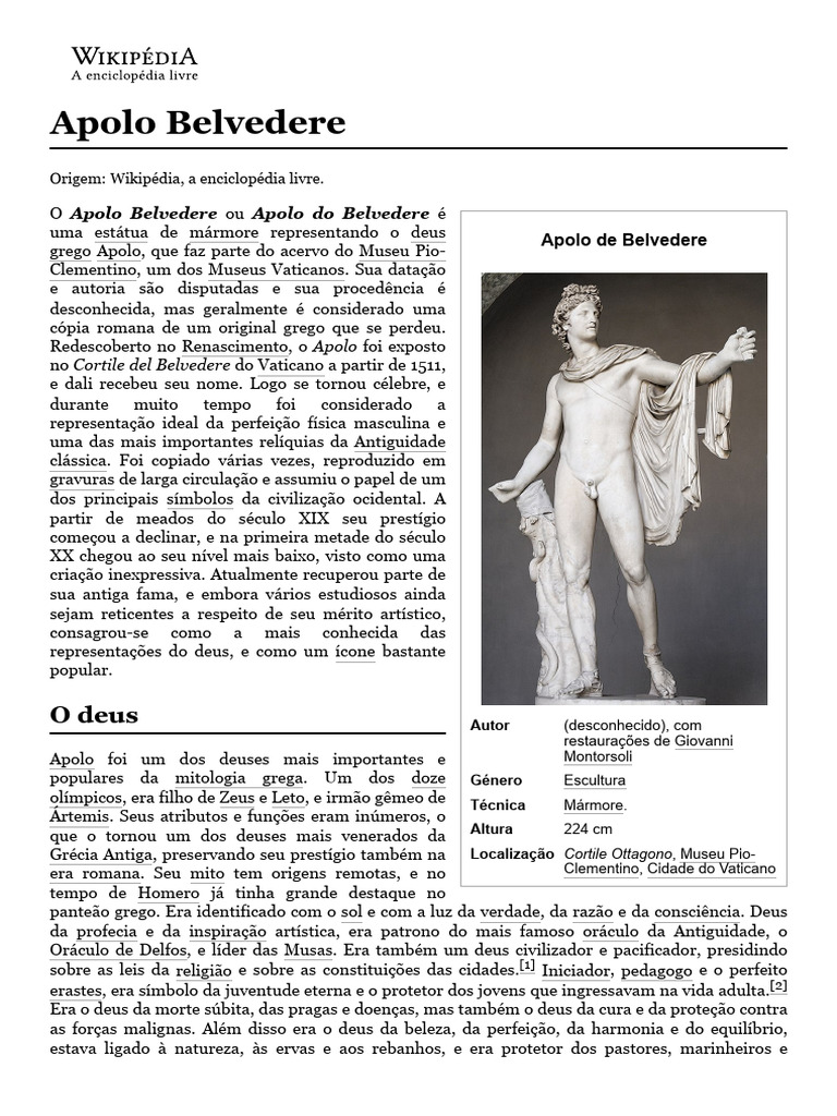 Apolo Belvedere – Wikipédia, a enciclopédia livre | PDF