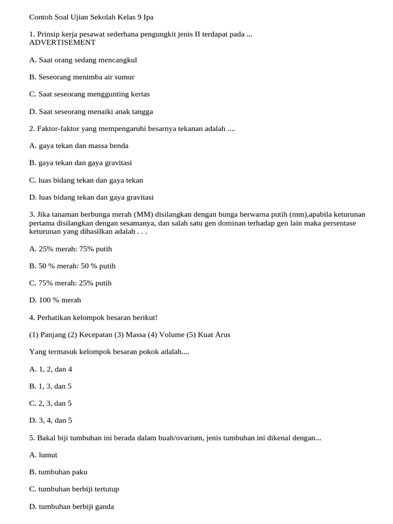 Contoh Soal Ujian Sekolah Kelas 9 Ipa | PDF