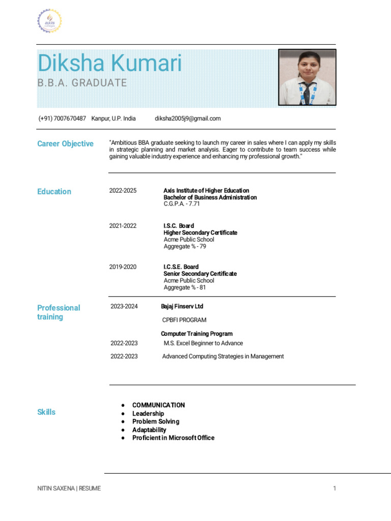 BBA Graduate Resume for Sales Career | PDF | Business | Learning