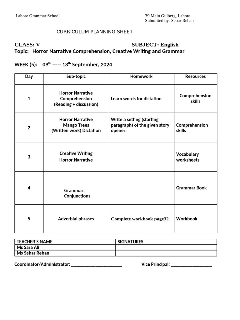 Horror Narrative Lesson Plan for Grade 5 | PDF | Adverb | Grammar