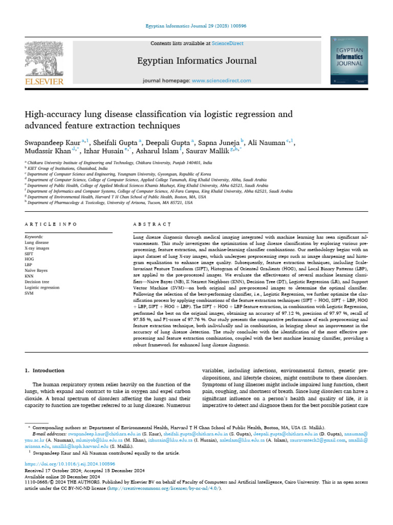 High-Accuracy Lung Disease Classification Via Logistic Regression and Advanced Feature ...