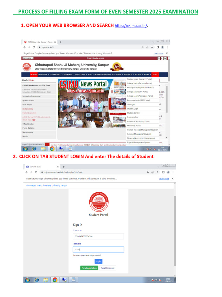 Process of Filling Exam Form of Even Semester 2025 Examination | PDF