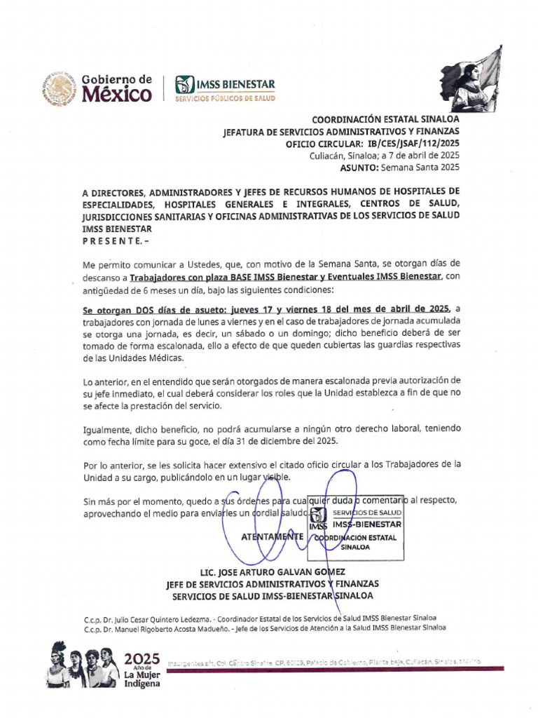 Circular Días Santos 2025 Base IMSS Bienestra | PDF