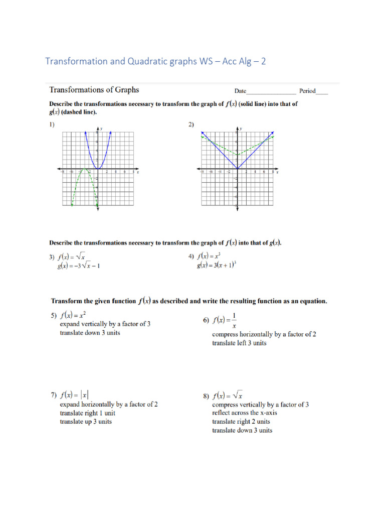 Quadratic Graph Transformations Worksheet | PDF