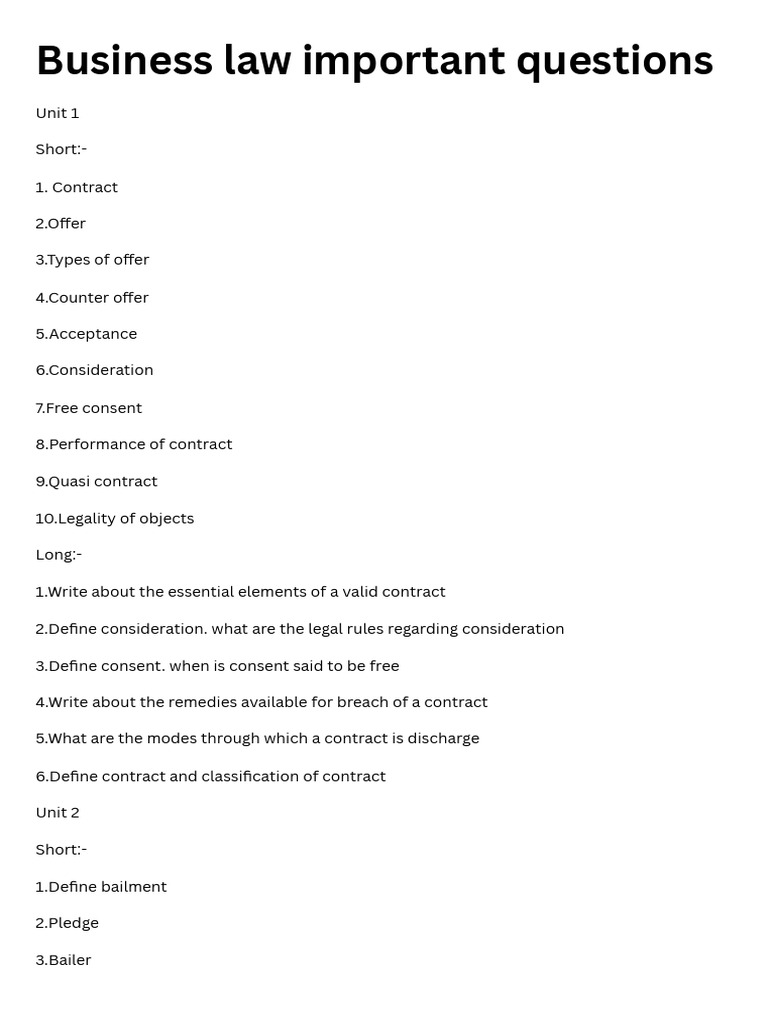 Important Business Law Questions Guide | PDF | Business Ethics | Offer ...