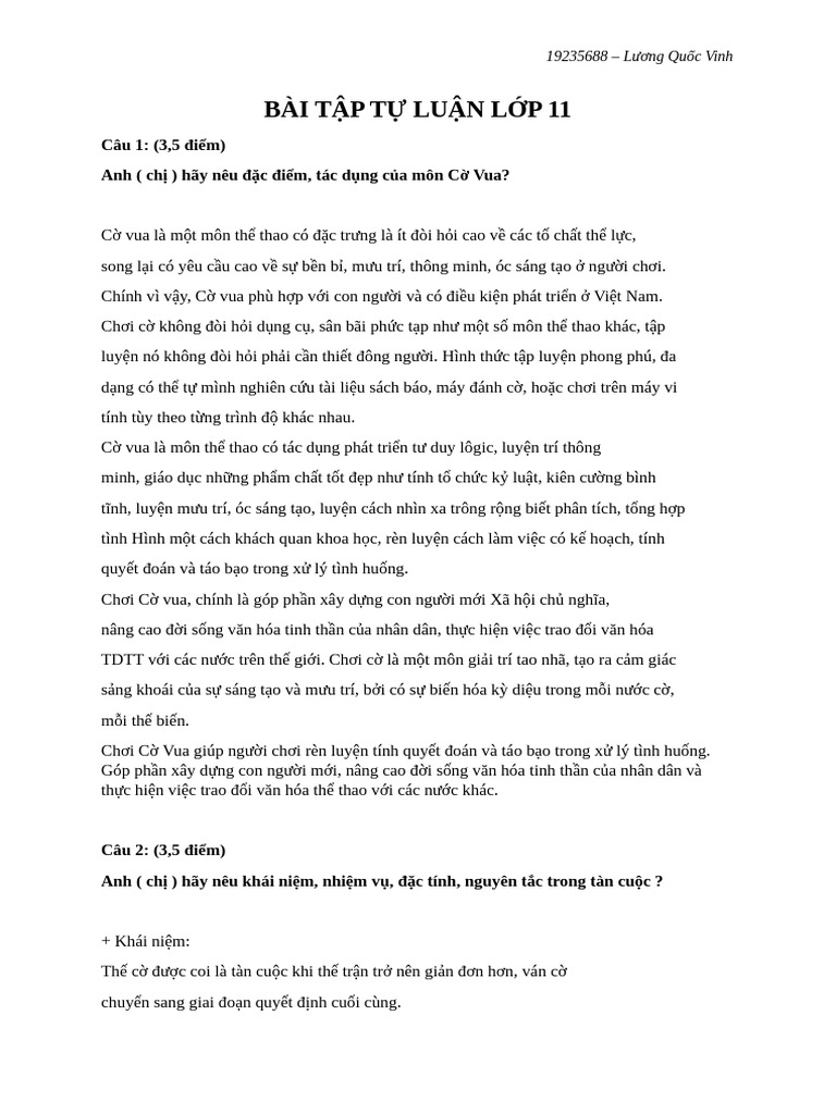 BÀI TẬP TỰ LUẬN LỚP 11 - Co Vua | PDF