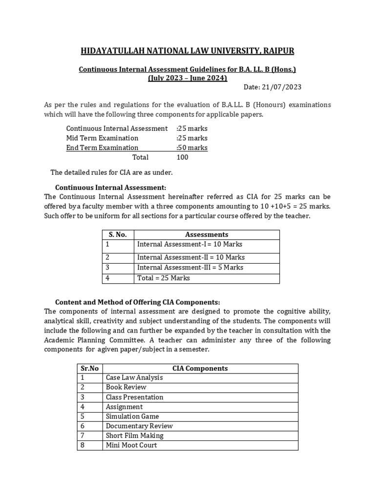 CIA Guidelines for B.A. LL.B. 2023-24 | PDF