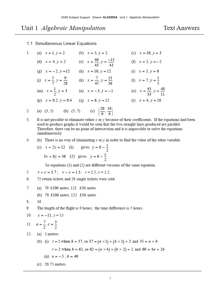 Algebraic Manipulation Unit 1 Answers | PDF | Equations | Algebra