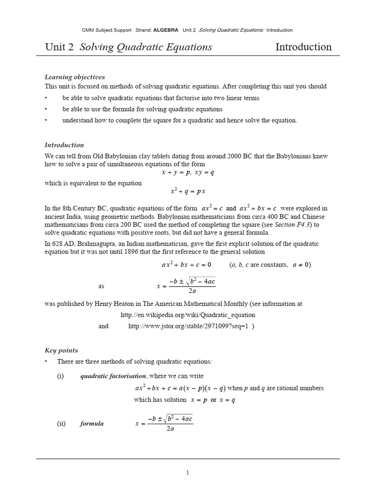 ALGEBRA Unit 2 Solving Quadratic Equations Introduction | PDF ...