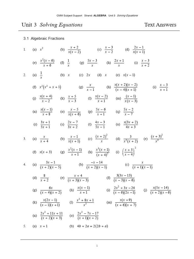 ALGEBRA Unit 3 Solving Equation Text Answers | PDF | Equations | Algebra