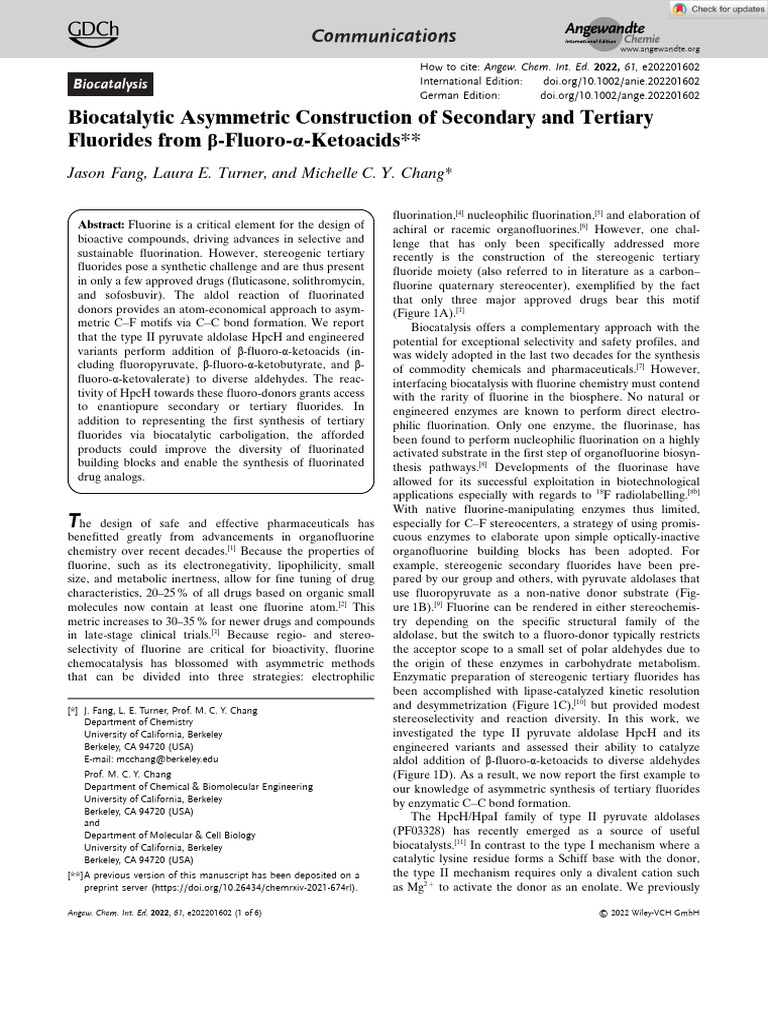 Angew Chem Int Ed - 2022 - Fang - Biocatalytic Asymmetric Construction of Secondary and Tertiary ...