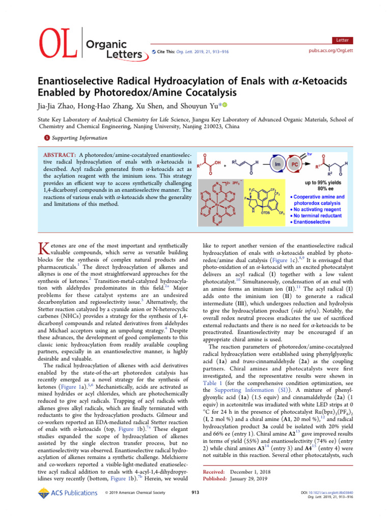 zhao et al 2019 enantioselective radical hydroacylation of enals with α ...