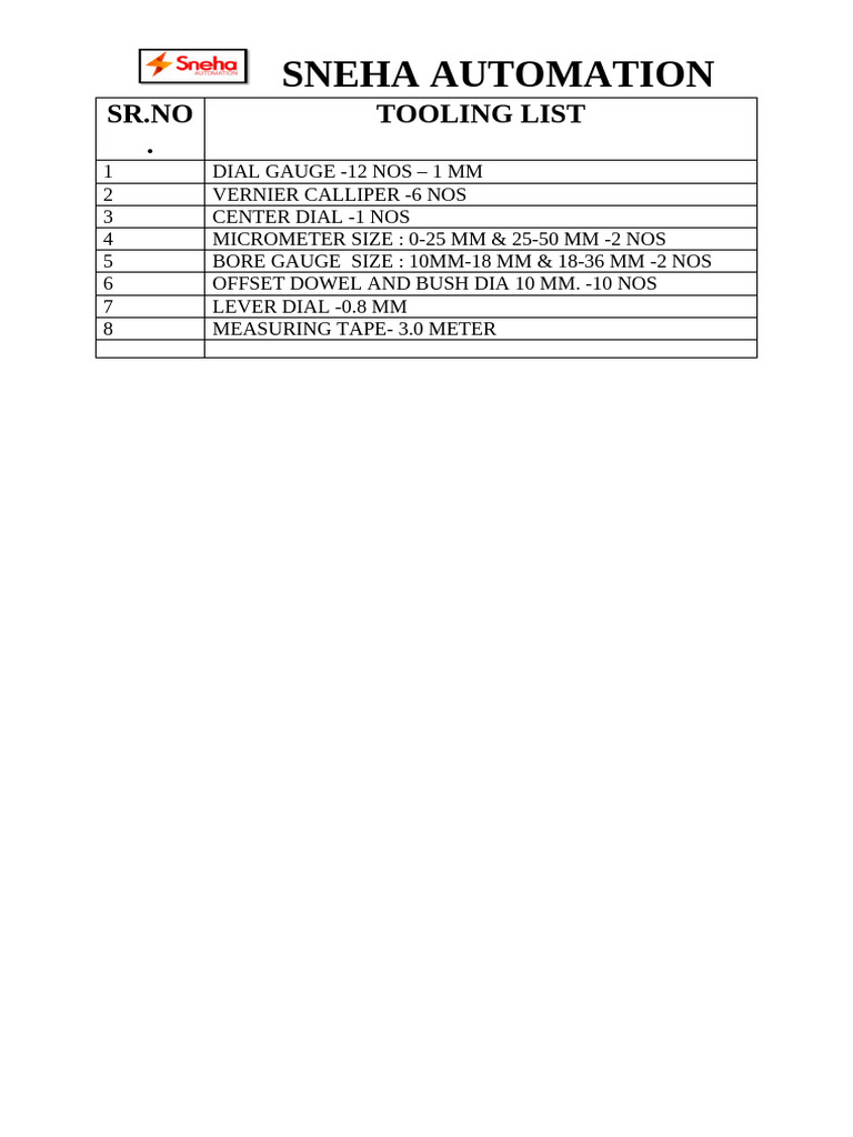 Sneha Automation: SR - No - Tooling List | PDF