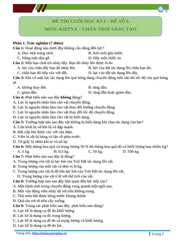 Đề Thi Cuối Học Kì 2 Môn KHTN 6 Sách Chân Trời Sáng Tạo - Có Lời Giải - Đề 6 | PDF