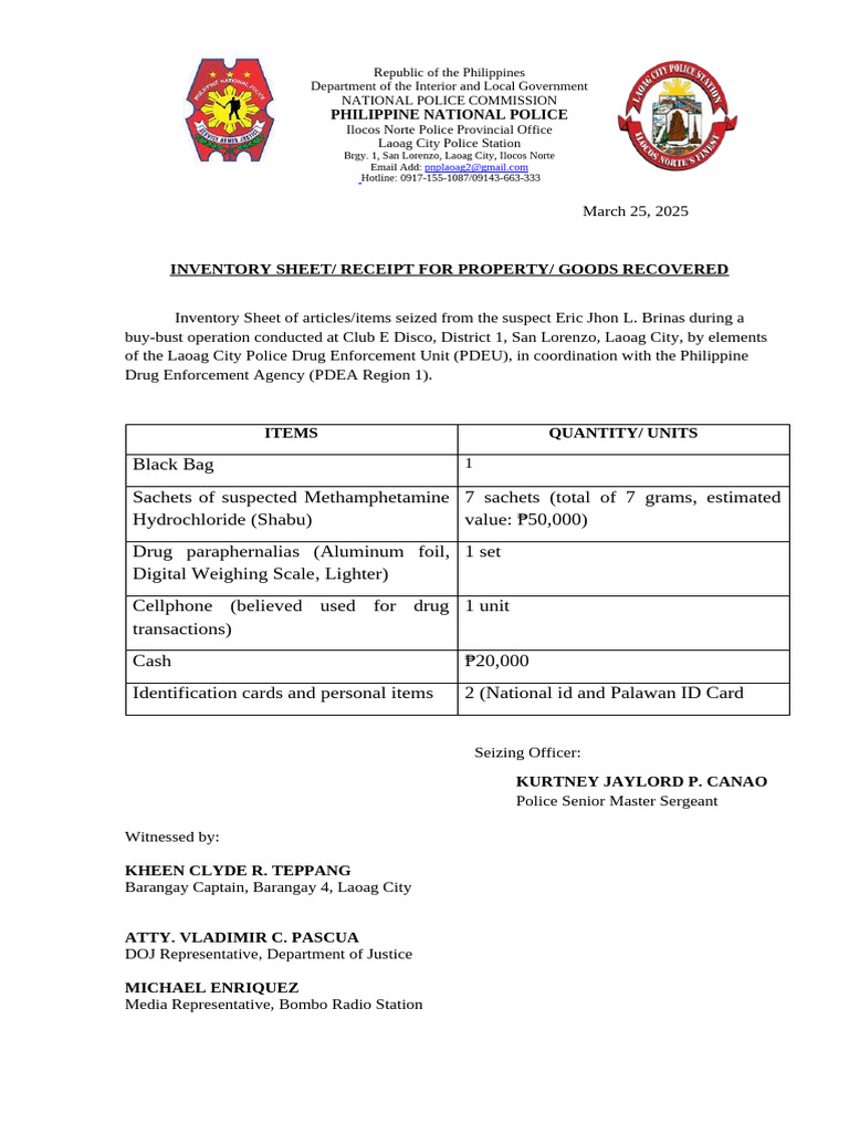 Inventory of Seized Items | PDF
