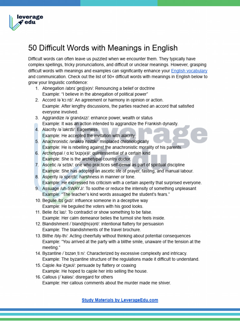50 Difficult Words With Meanings in English | PDF | Oxygen