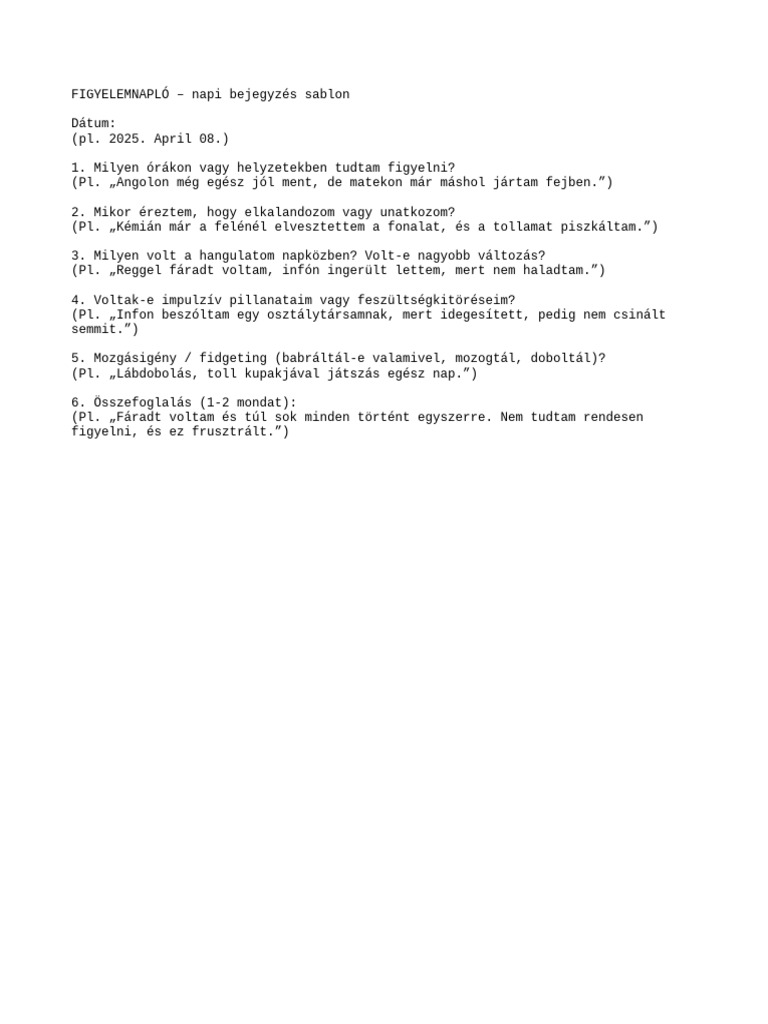 Figyelemnaplo Sablon | PDF