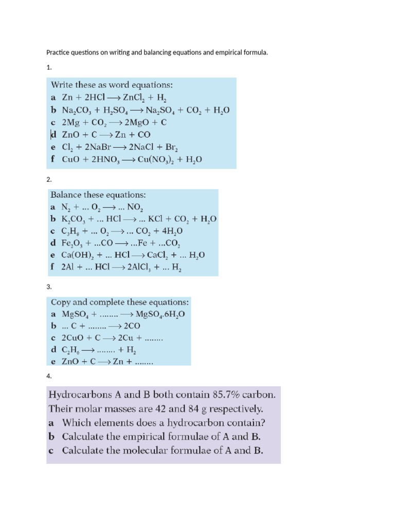 Practice Questions On Writing and Balancing Equations and Empirical ...