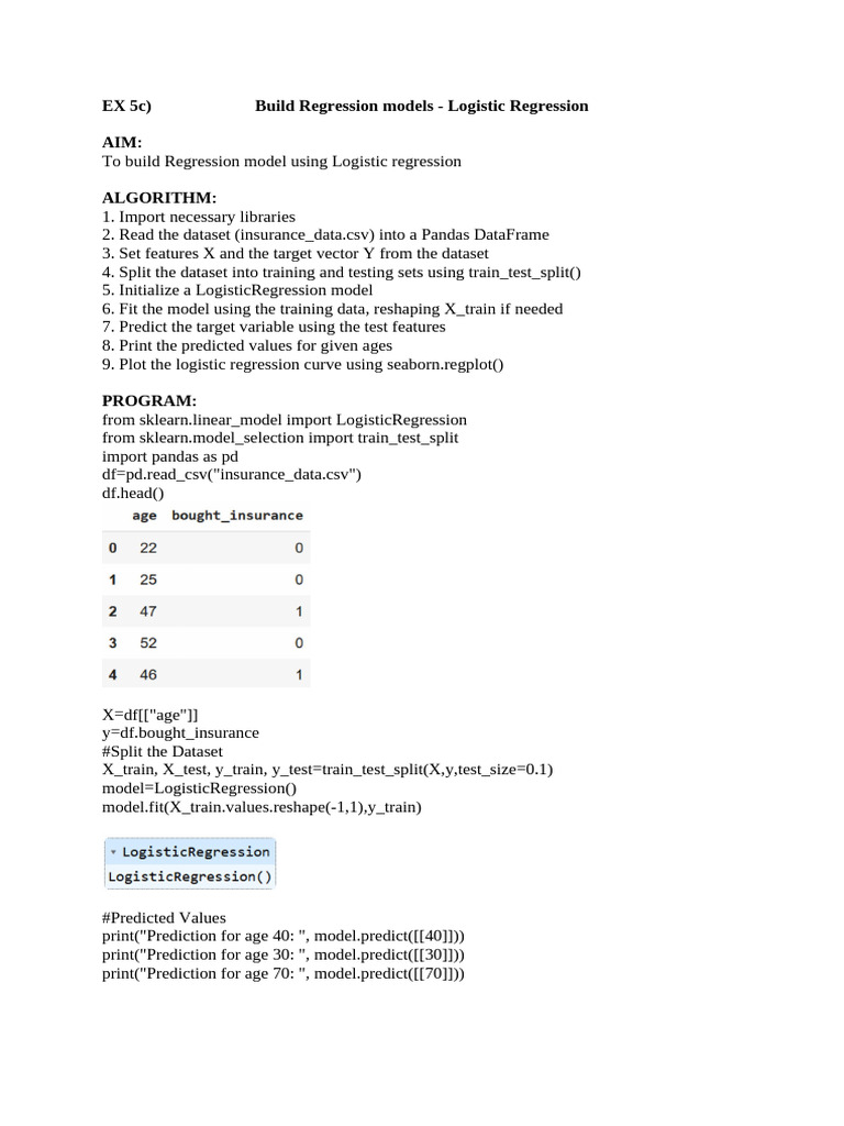 EX 5c) Build Regression Models - Logistic Regression Aim | PDF