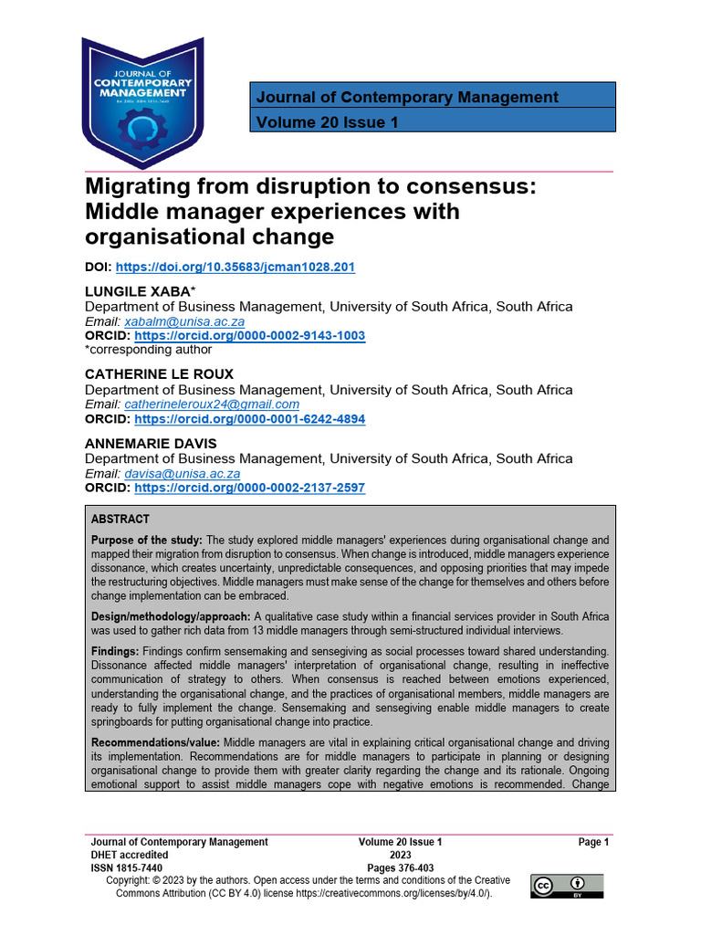 Xaba Et Al 2023 Migrating From Disruption To Consensus Middle Manager Experiences With ...
