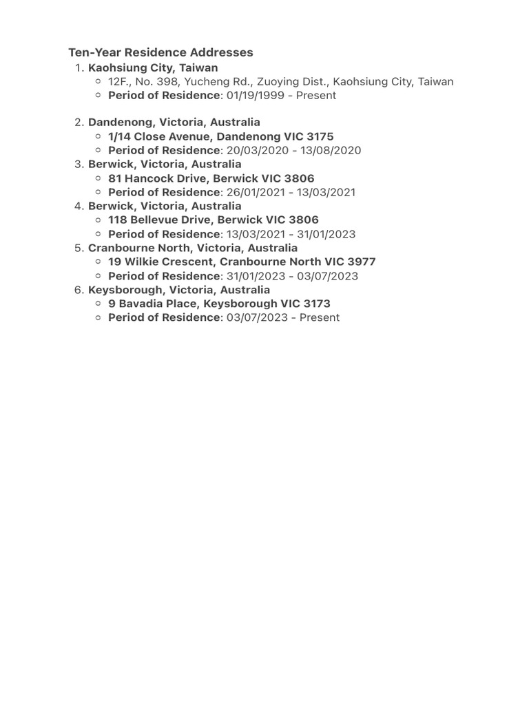 Ten-Year Residence Addresses | PDF