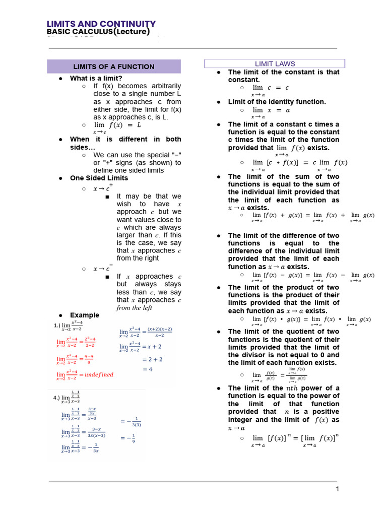 Limits and Continuity in Calculus | PDF | Limit (Mathematics ...